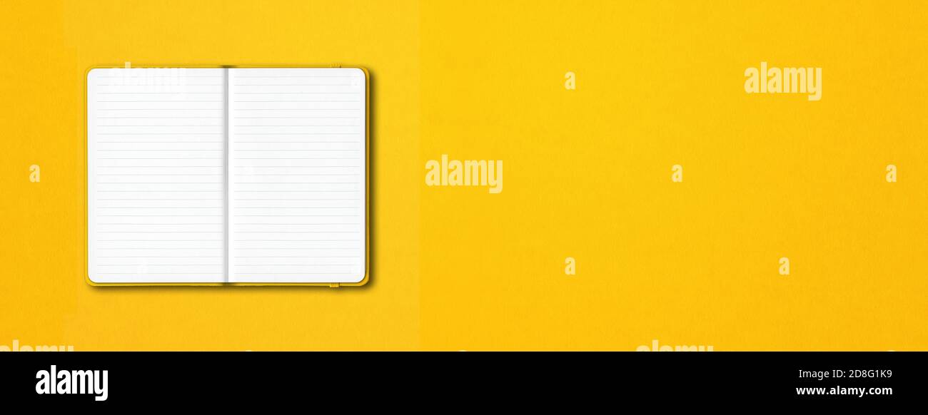 Yellow open lined notebook mockup isolated on colorful background ...