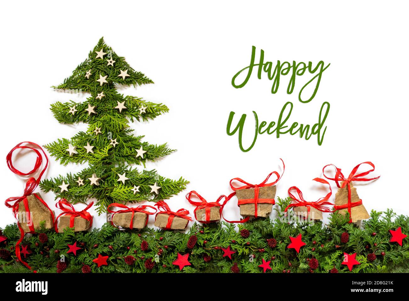 Christmas Tree, Fir Branch, Gifts, Red And Silver Stars, Text Happy ...