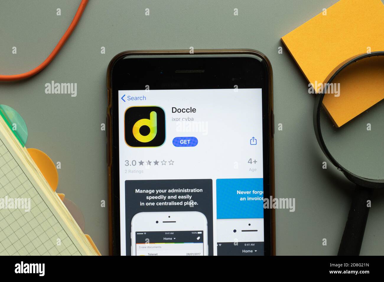 New York, USA - 26 October 2020: Doccle mobile app logo on phone screen close up, Illustrative ...