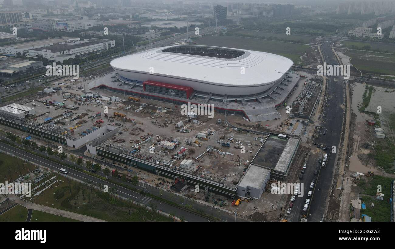 Aerial view of the Pudong Football Stadium where the League of Legends ...