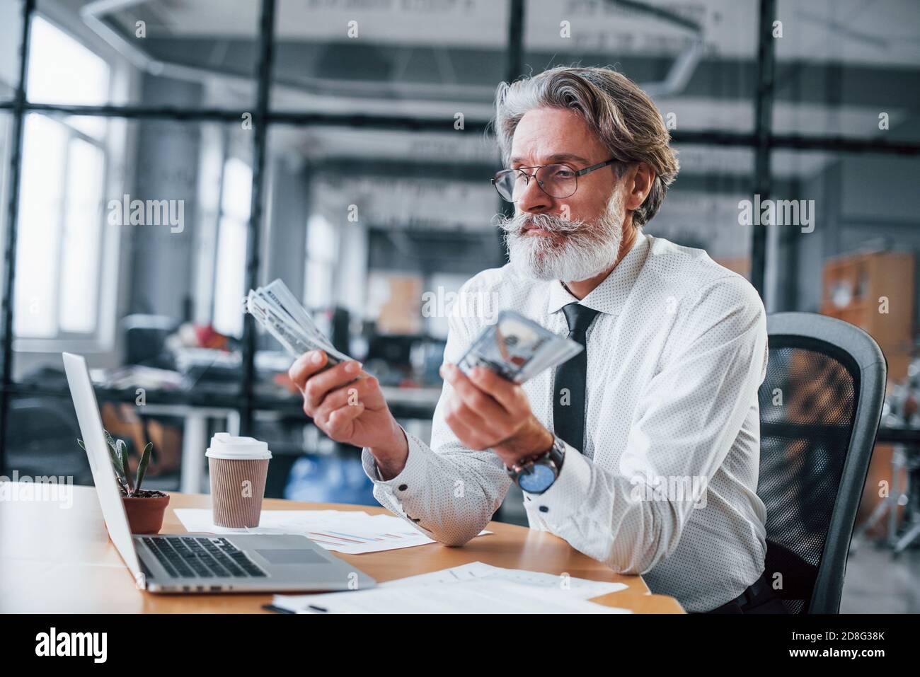 Happy mature businessman with grey hair and beard in formal clothes is ...