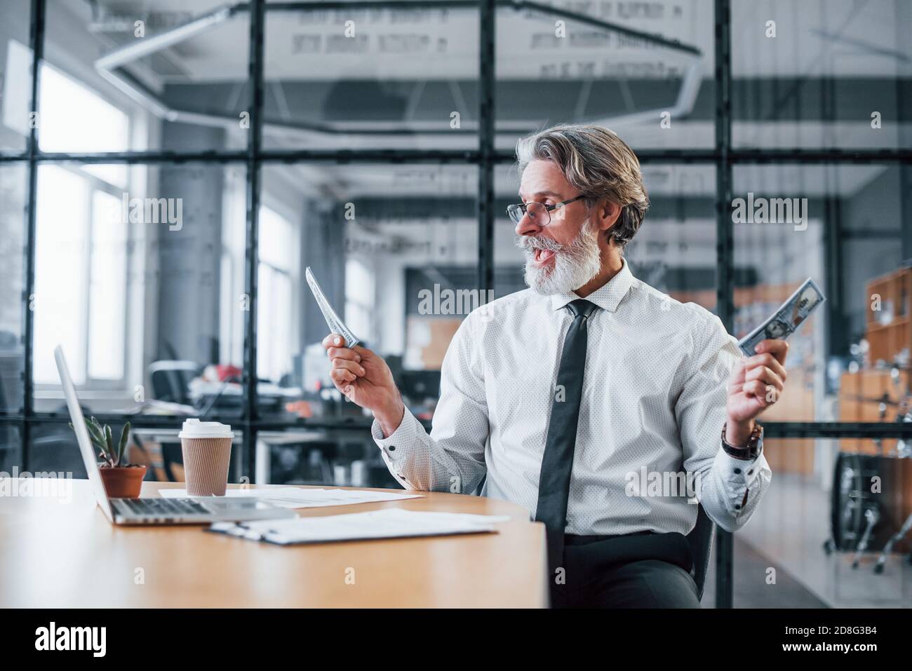 Happy mature businessman with grey hair and beard in formal clothes is ...