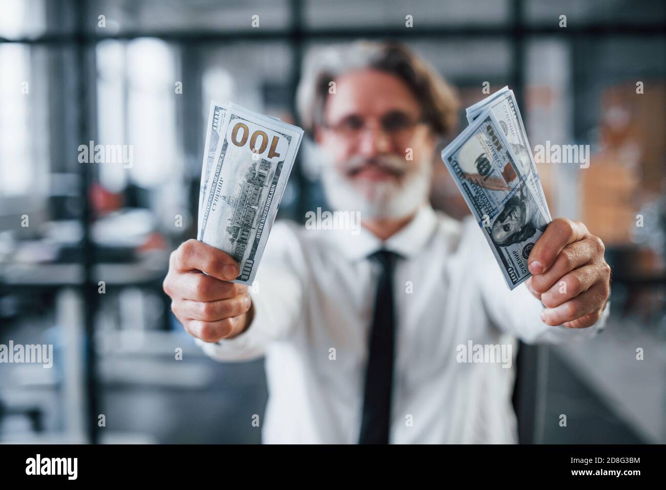 Happy mature businessman with grey hair and beard in formal clothes is ...