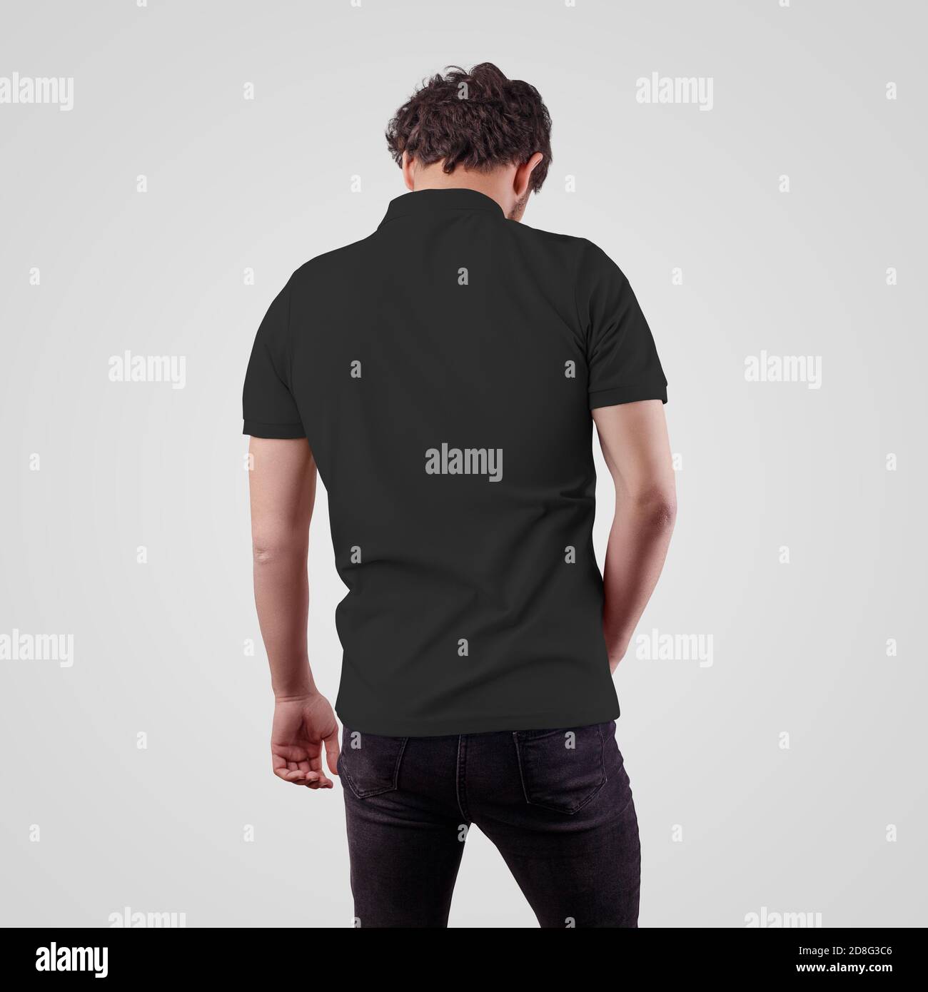 Template of black mens polo on a guy in jeans, back view, isolated on ...