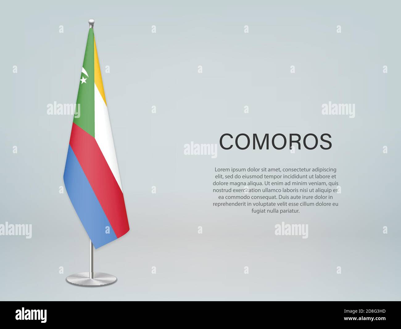 Comoros hanging flag on stand. Template for politic conference banner ...