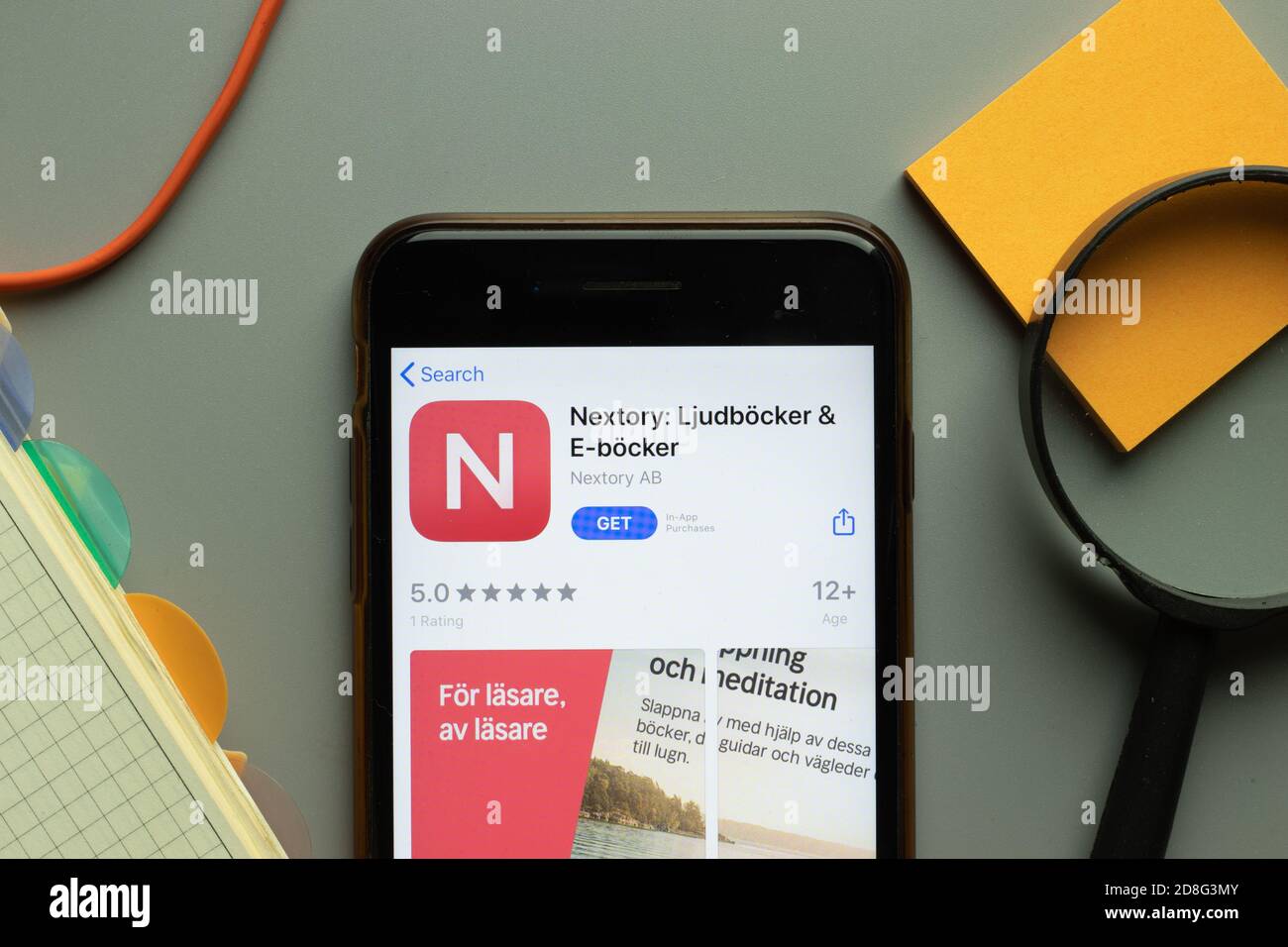 New York, USA - 26 October 2020: Nextory mobile app logo on phone ...