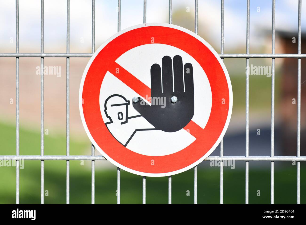 Red round 'Keep out' warning sign with person holding up hand in red ...