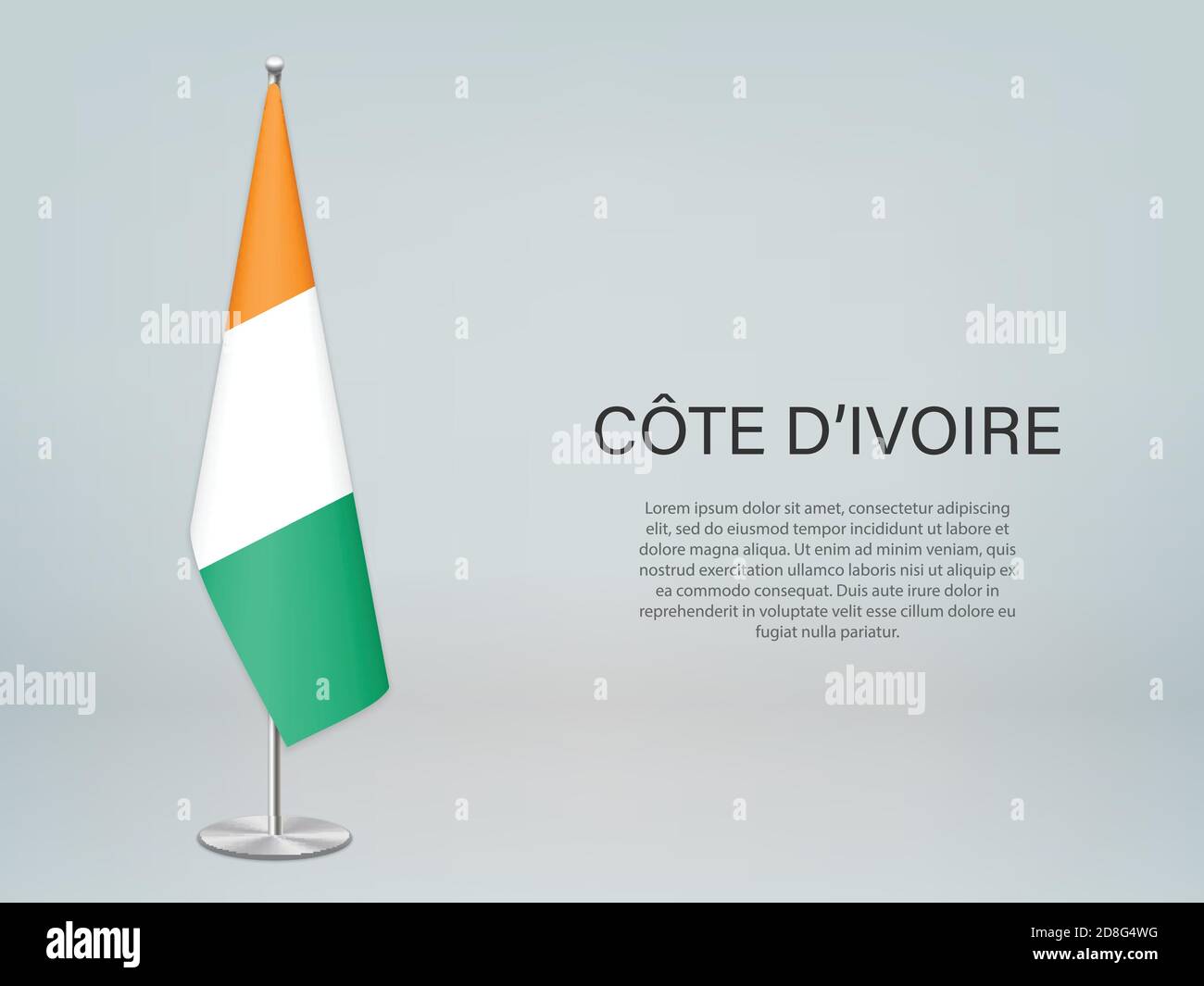 Ivory Coast hanging flag on stand. Template for politic conference ...