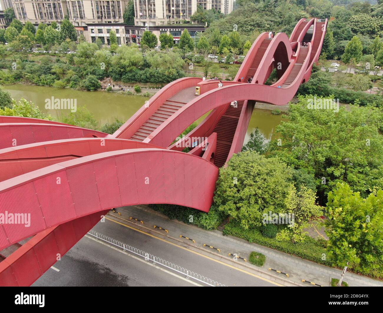 Aerial view of the Chinese knot-like bridge in Changsha city, central ...