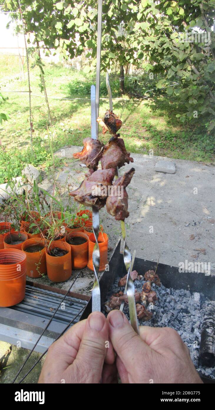 A close up of a raw meat peaces on a wire metal for barbecue Stock ...
