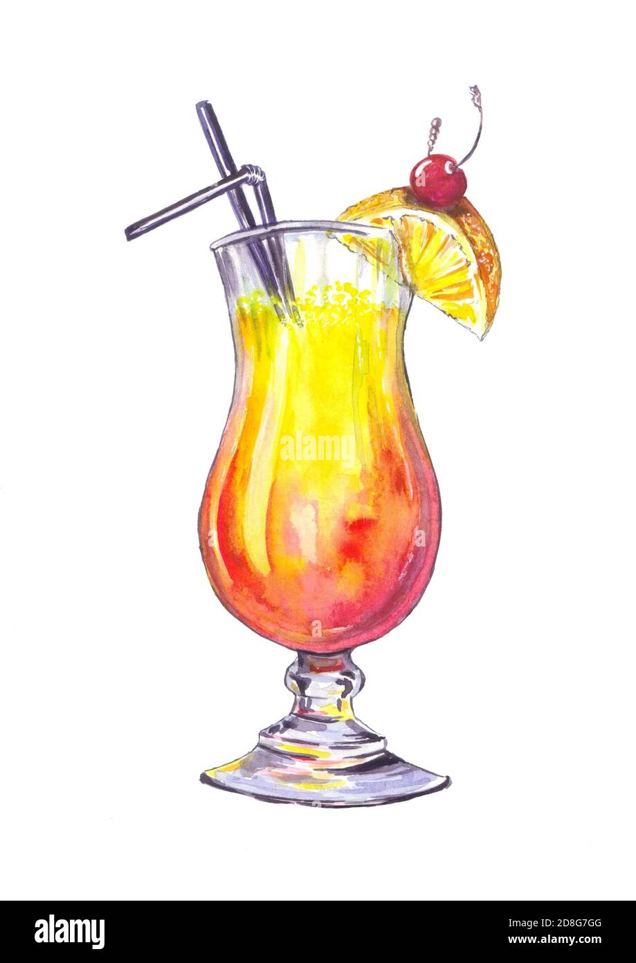 Cocktail sunrise with fruits, watercolor illustration handdrawn Stock ...