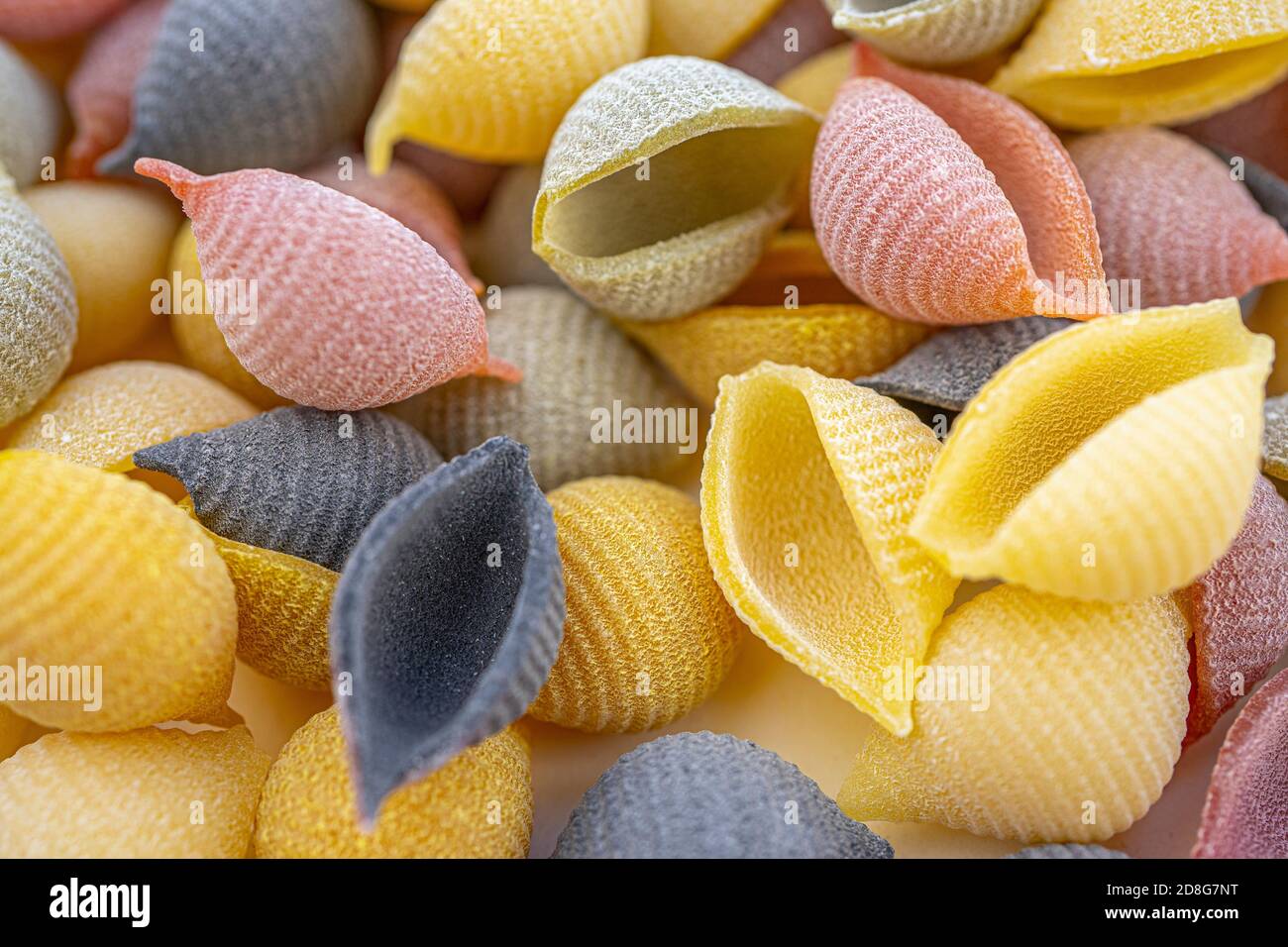 Colored Italian pasta in the shaped of seashells with yellow, pink, and ...