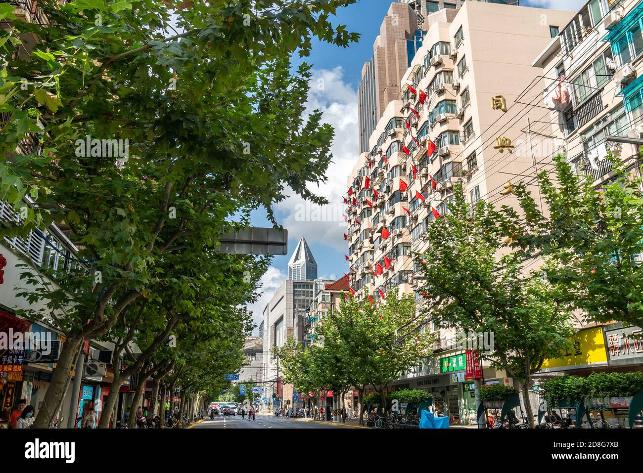 National flags are set up at residential aeras at Fuzhou Road in ...