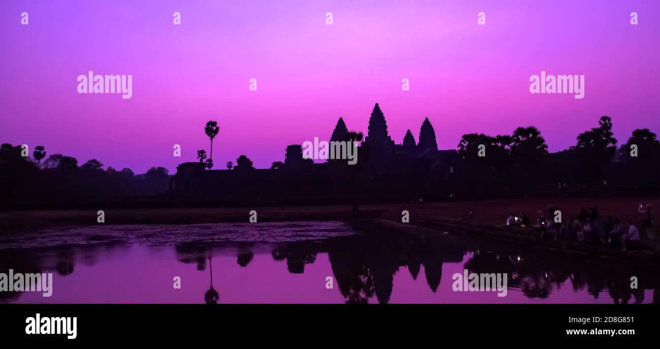 Holy place in Asain Sunrise Purple reflection on water pond ancient ...