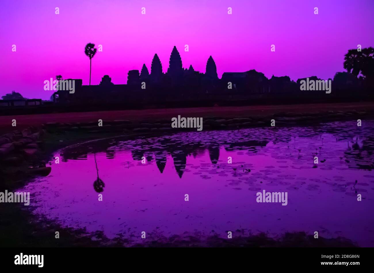 Sunrise Purple reflection on water pond bathing pool of Angkor Wat ...
