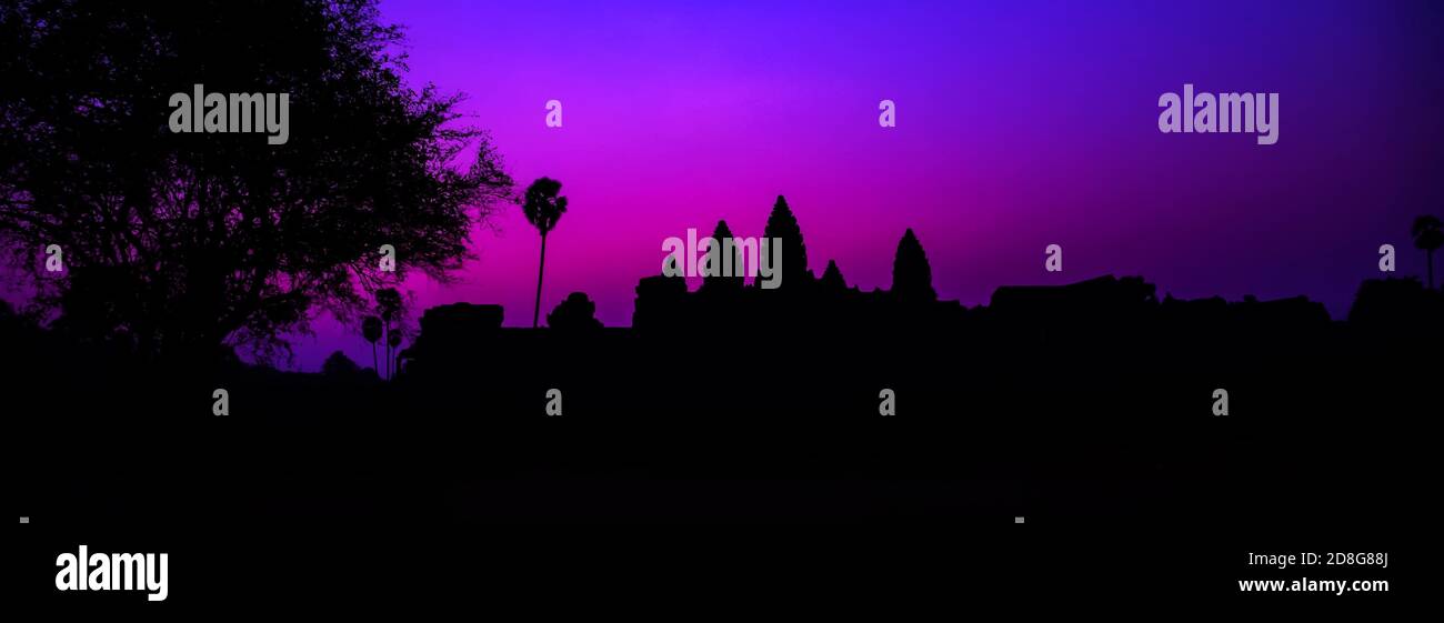 Panorama Mist sunrise tropical morning violet Banner Angkor Wat facade ...