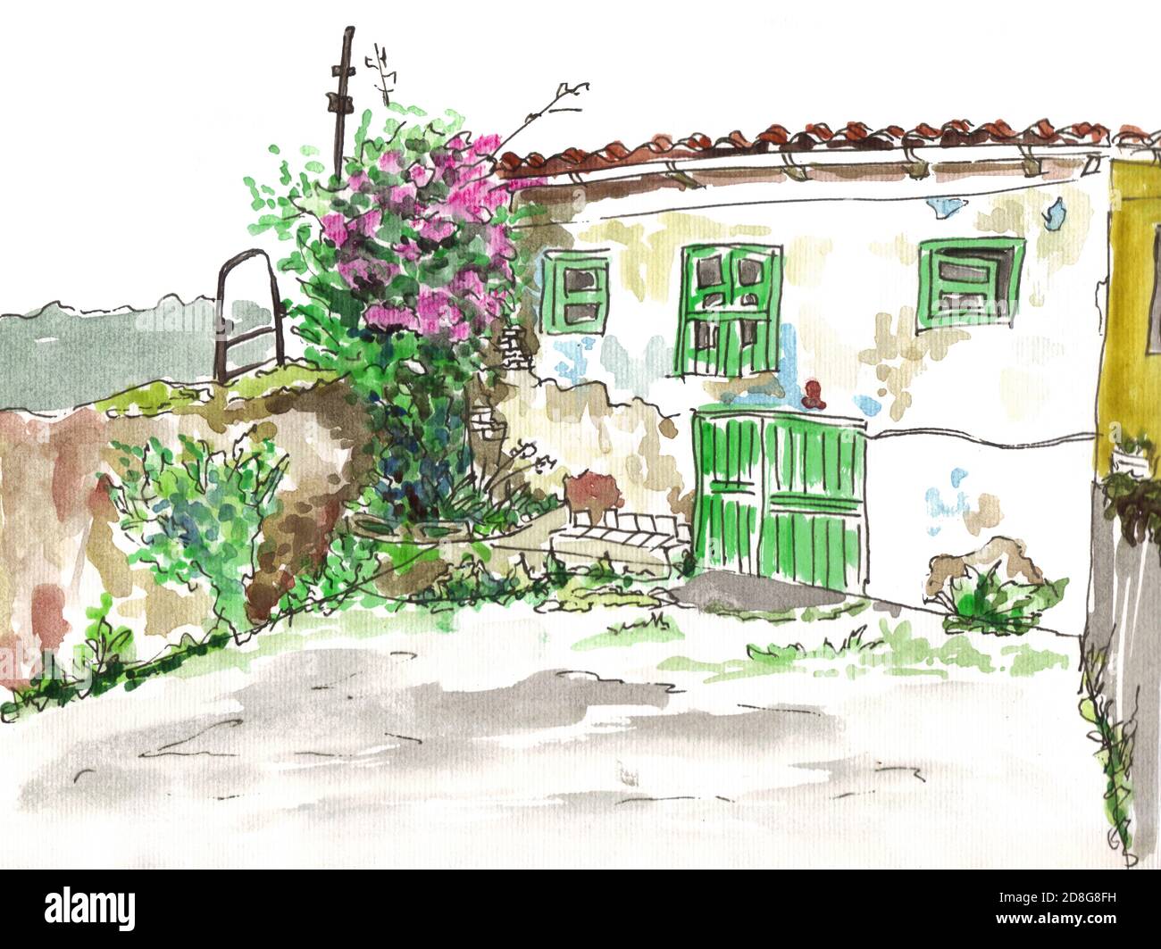 Sketch of old city in Spain. Illustration of village. hand drawing ...
