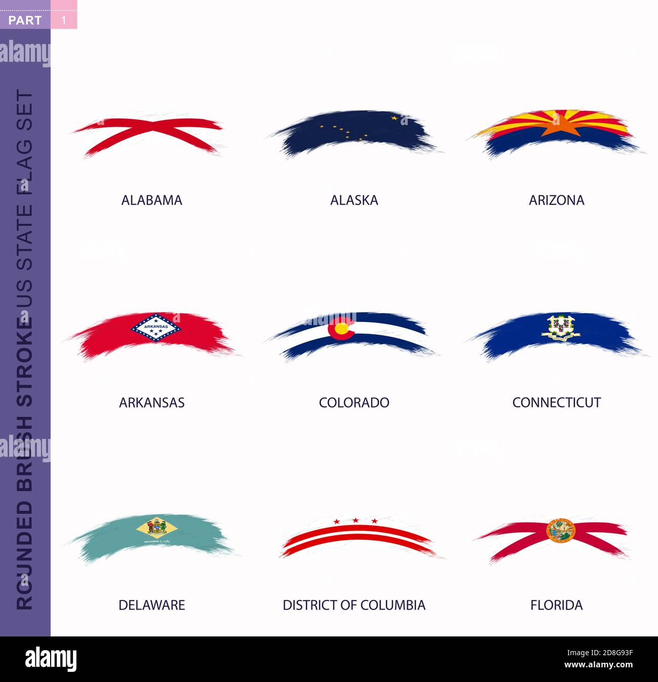 Rounded grunge brush stroke US states flag set, state flags of Alabama ...