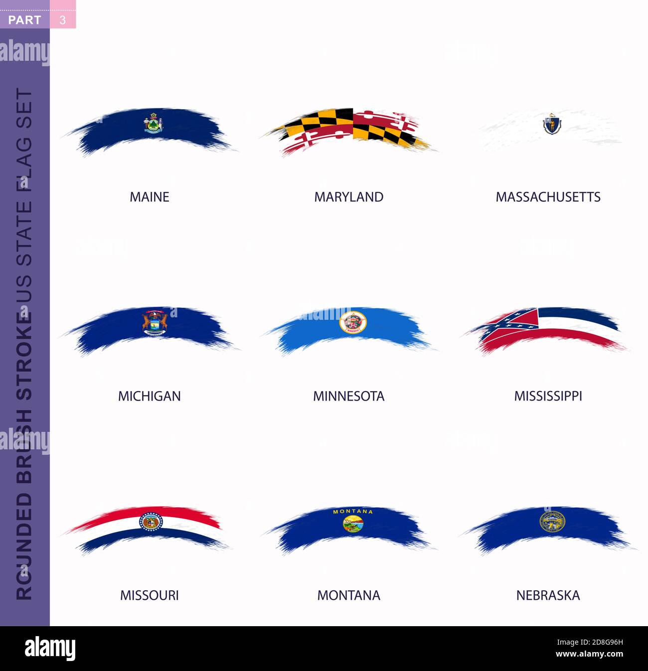 Rounded grunge brush stroke US states flag set, state flags of Maine ...