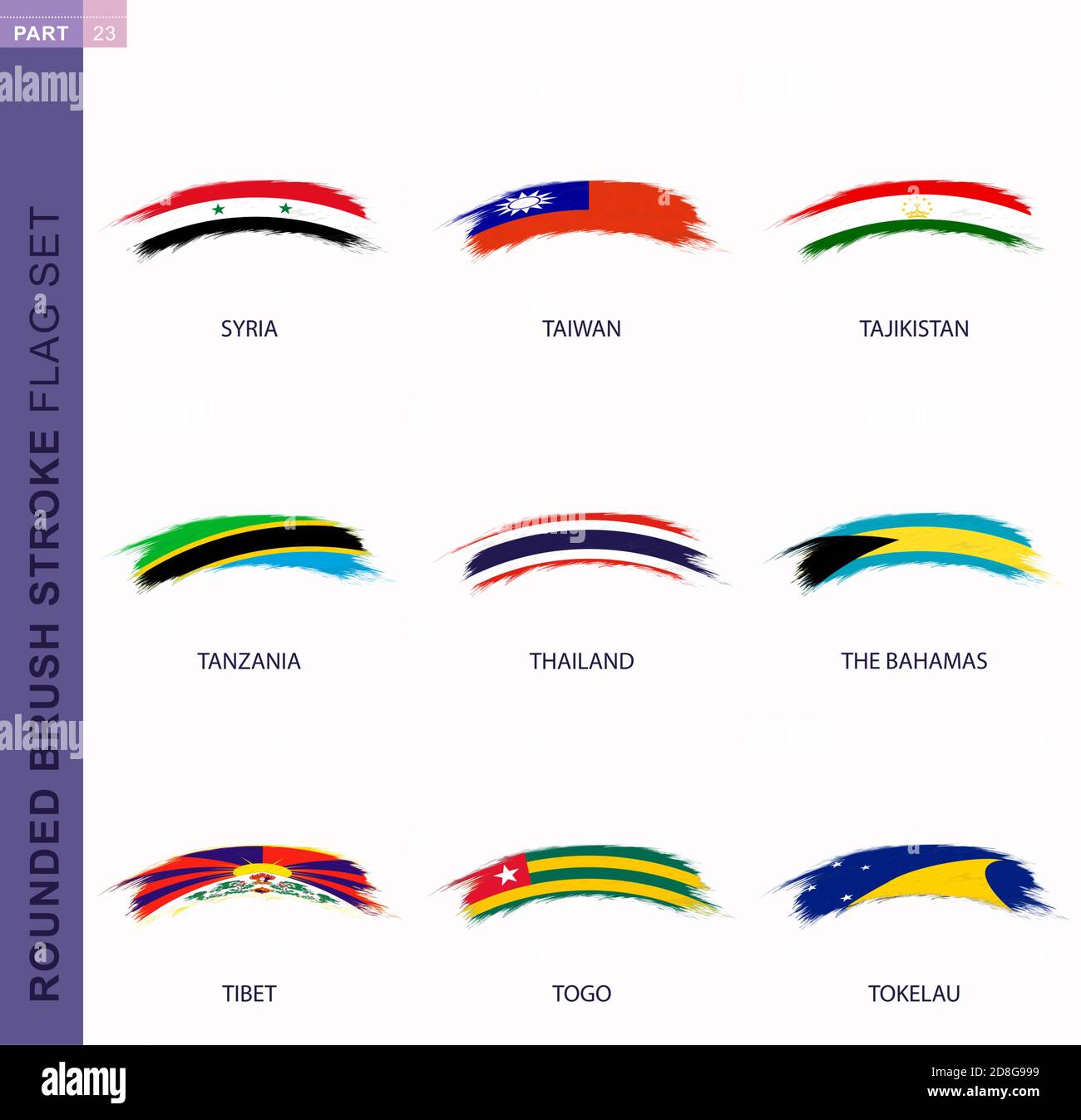 Rounded grunge brush stroke flag set, flags of Syria, Taiwan ...