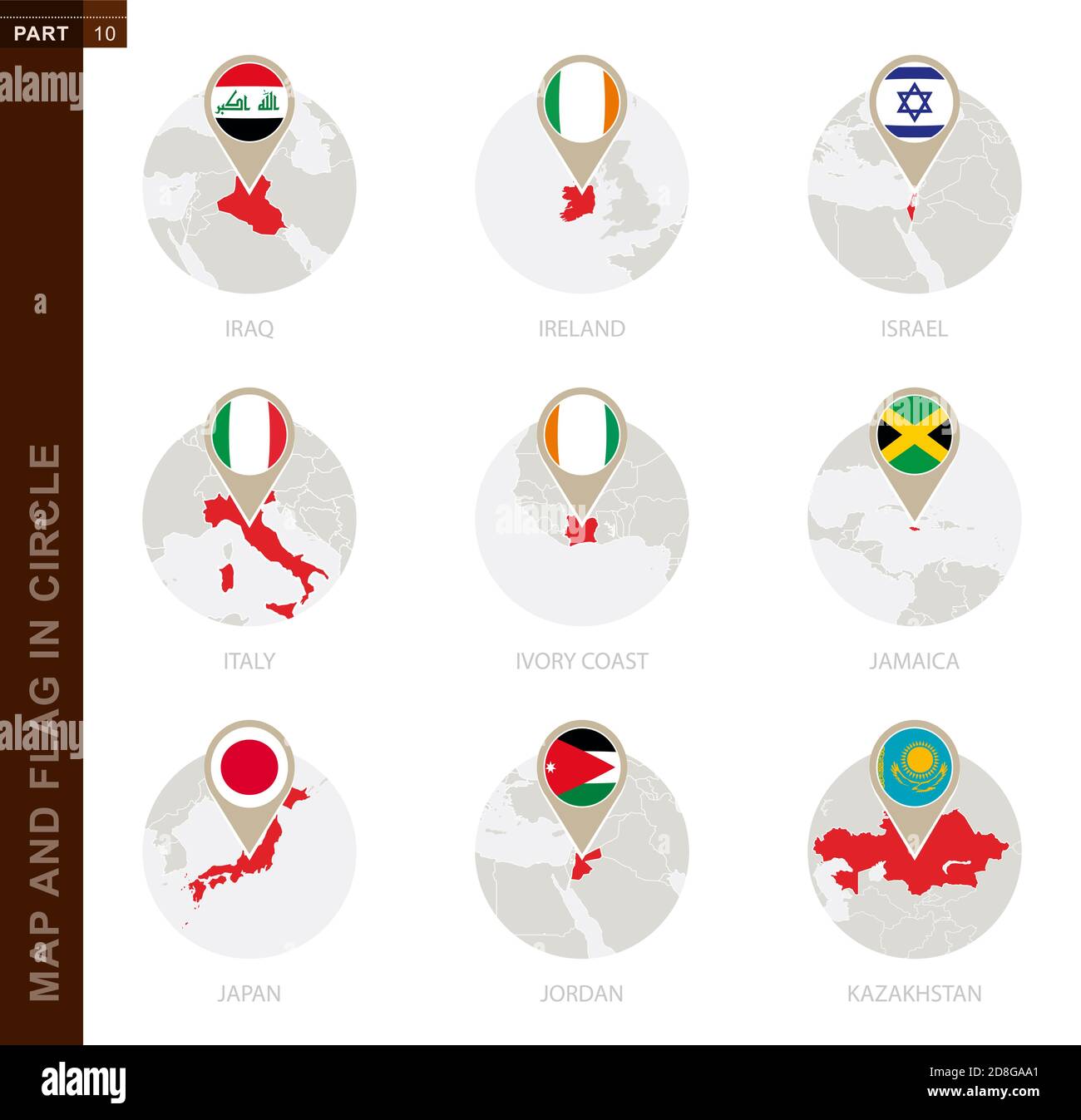 Map and Flag in a circle of 9 Countries: Iraq, Ireland, Israel, Italy ...