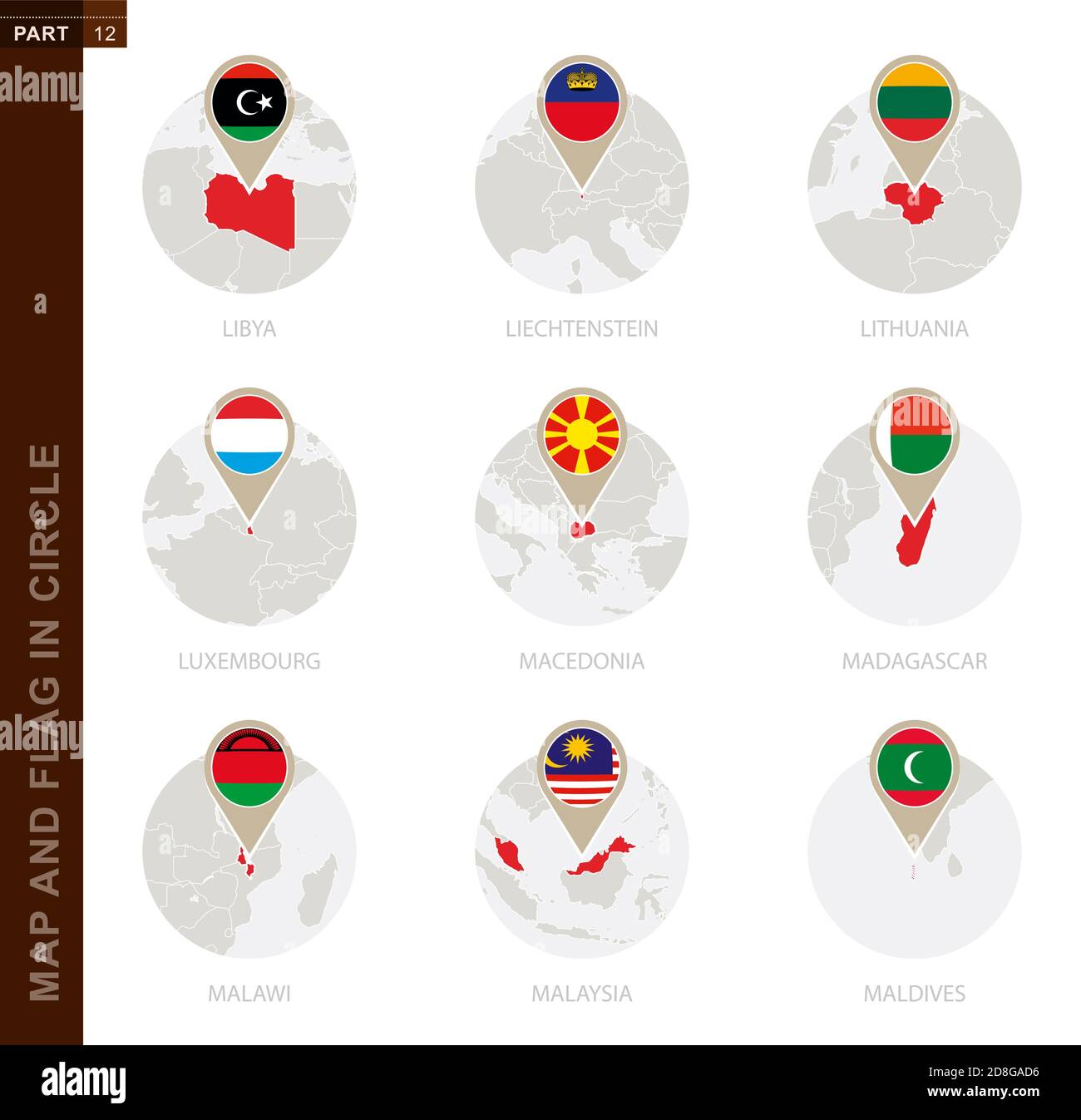 Map and Flag in a circle of 9 Countries: Libya, Liechtenstein ...