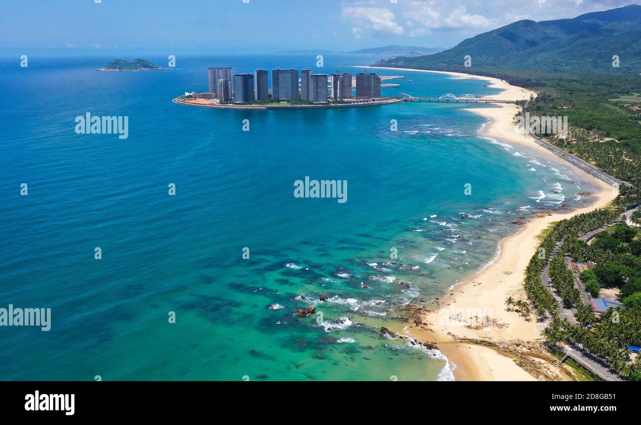 Aerial view of Riyue Bay, or Sun and Moon Bay, a popular surfing site ...