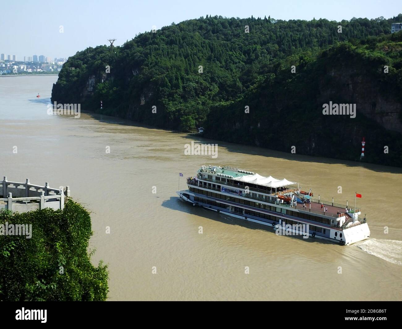 An aerial view of a ship cruising through Xiling Gorge, the largest and ...