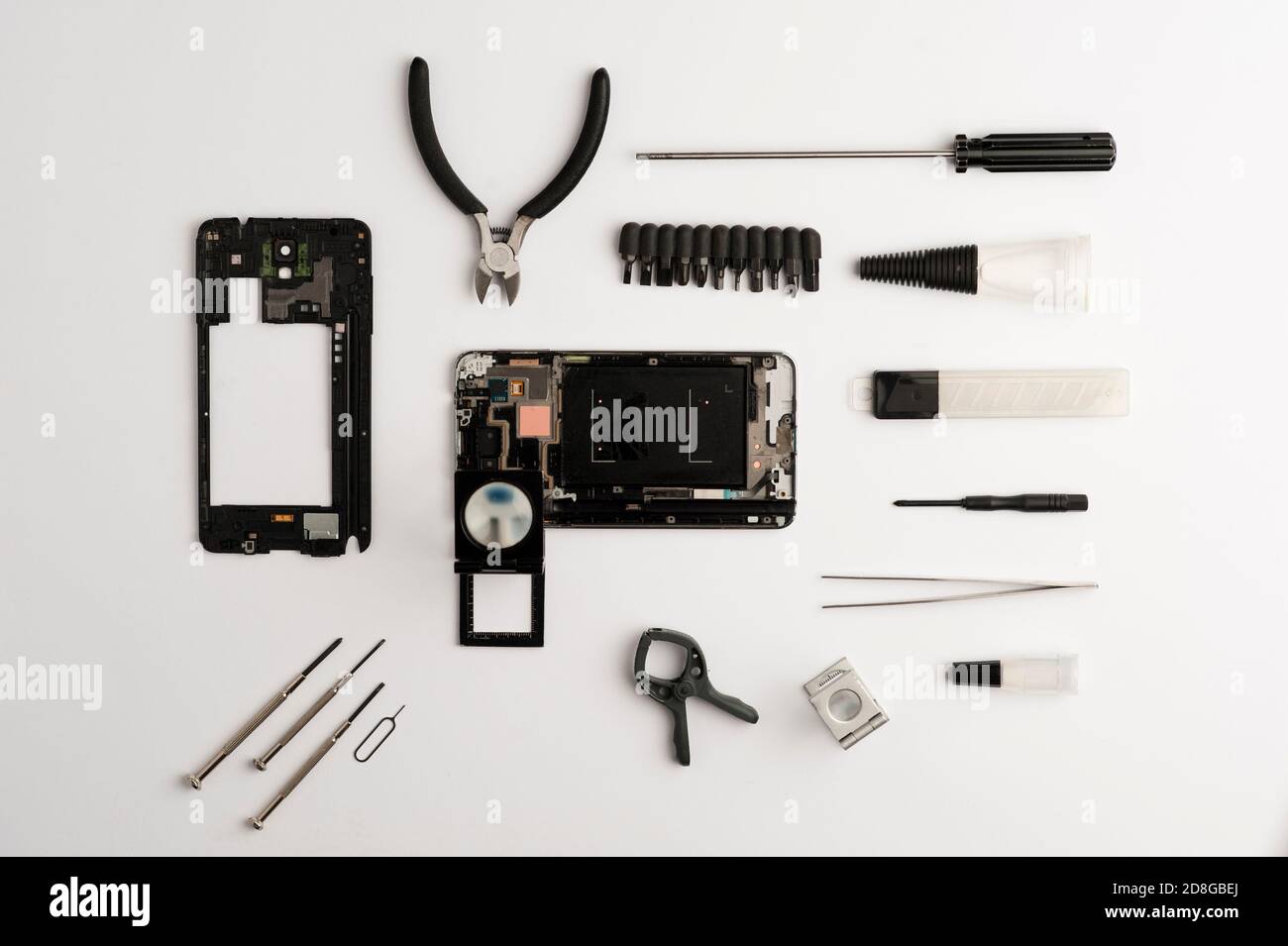 set of objects mobile repair on white background, mobile workshop ...