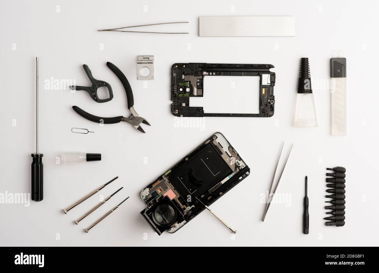 set of objects mobile repair on white background, mobile workshop ...