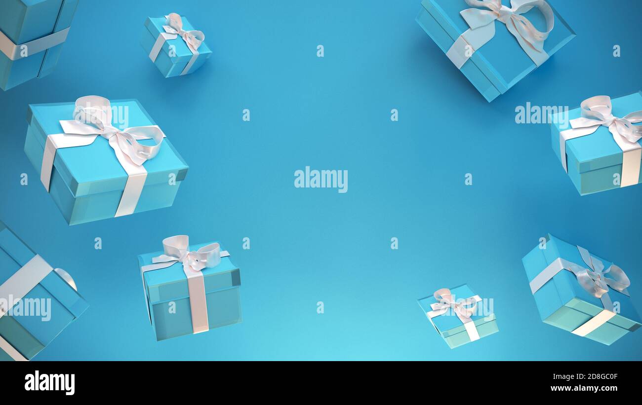 3D rendering. Concept of falling blue gift boxes on a blue background ...