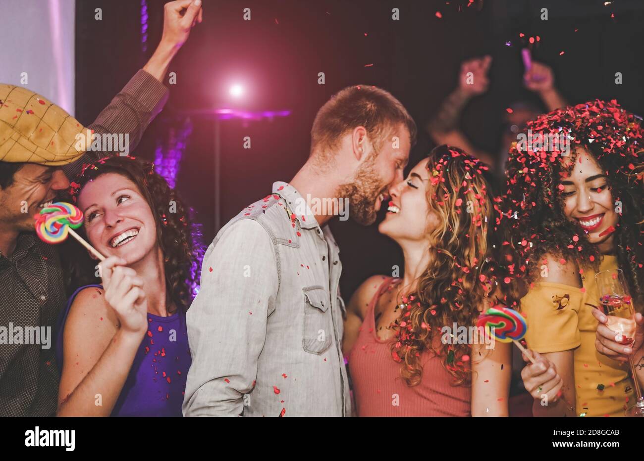 Group of happy friends doing party in nightclub - Young people having ...