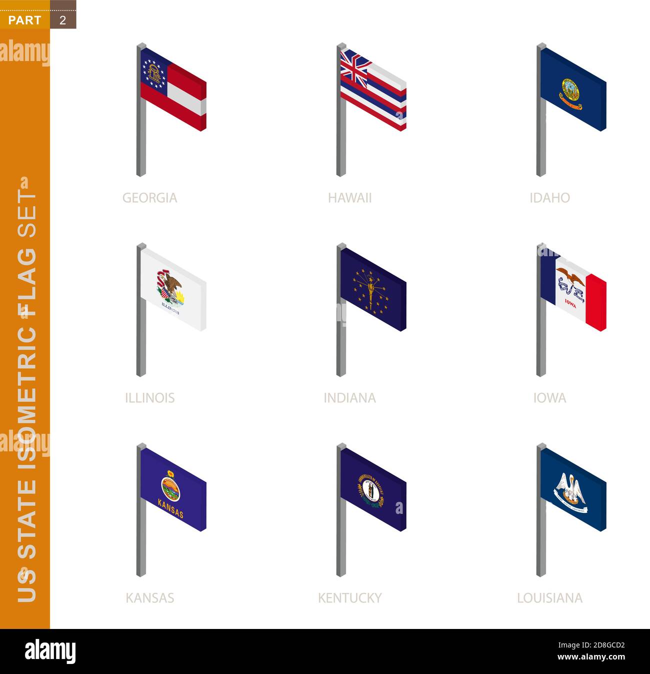 US state Isometric flag set, Flagpole in Isometric dimension ...