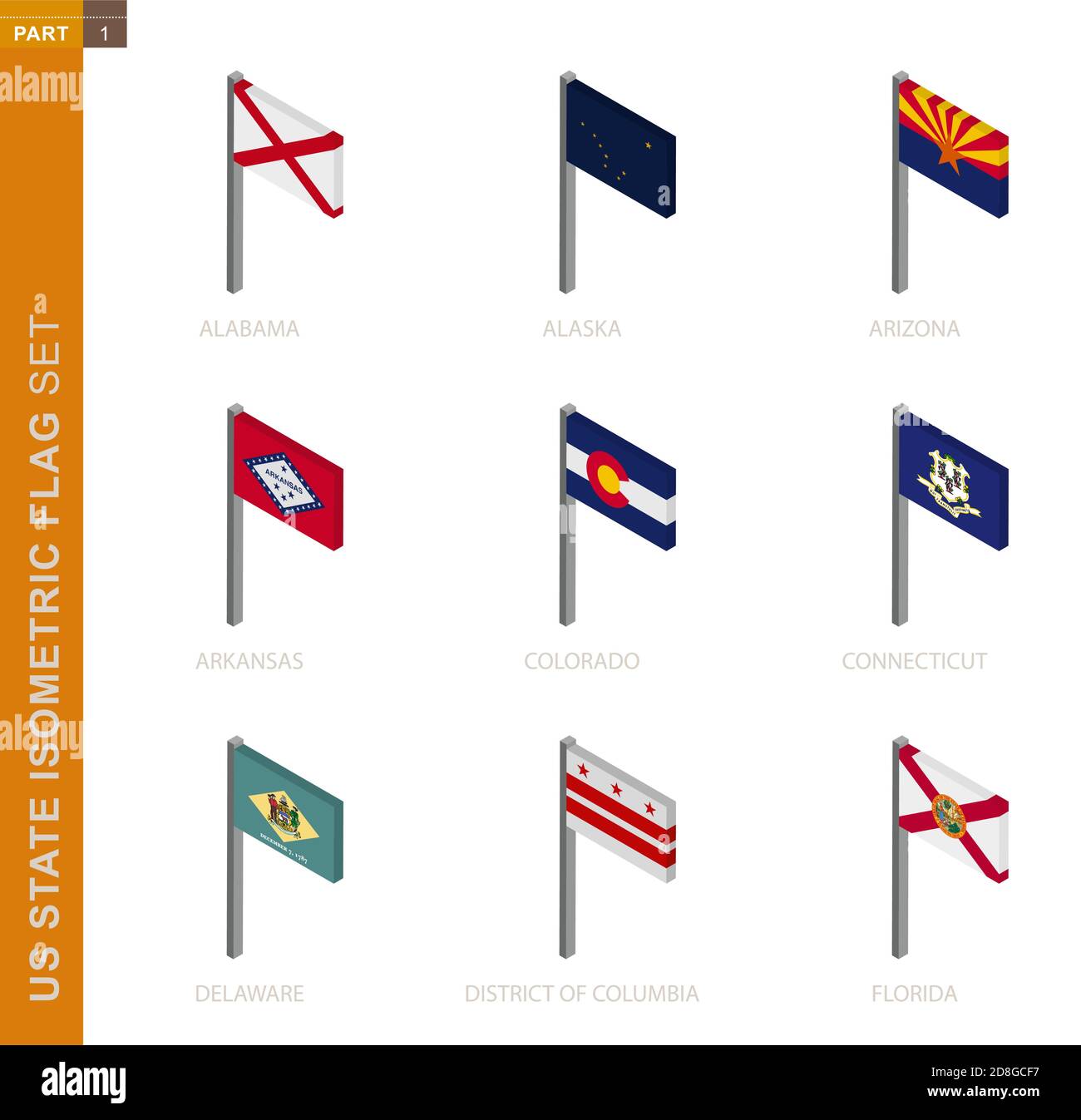 US state Isometric flag set, Flagpole in Isometric dimension ...