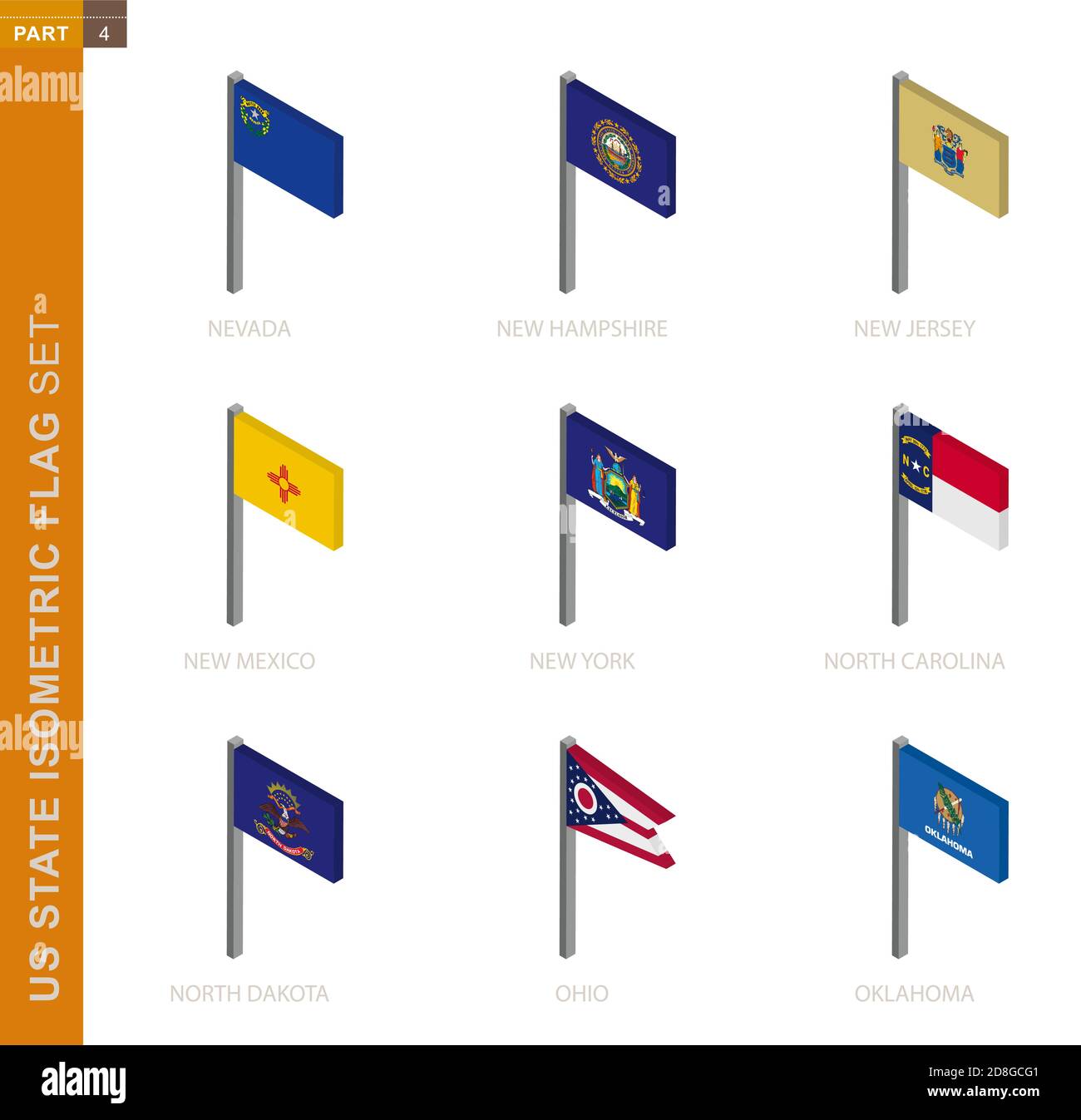 US state Isometric flag set, Flagpole in Isometric dimension ...