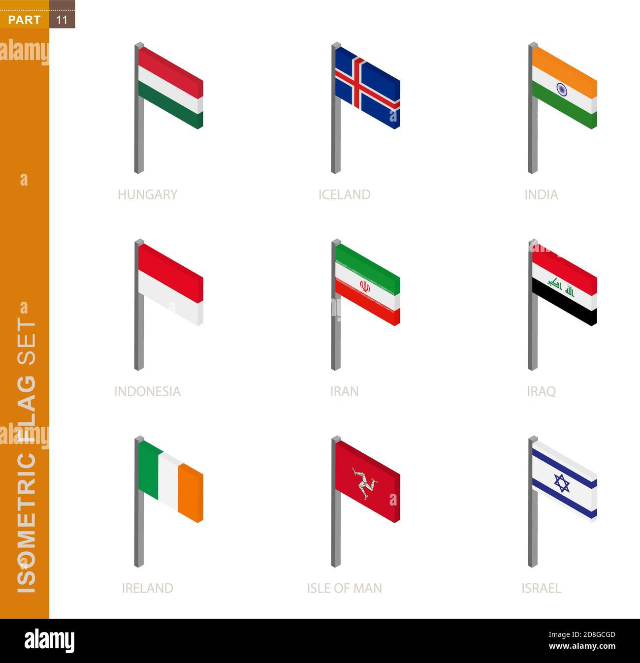 Isometric flag set, Flagpole in Isometric dimension. Collection of nine 3D vector flag Stock ...