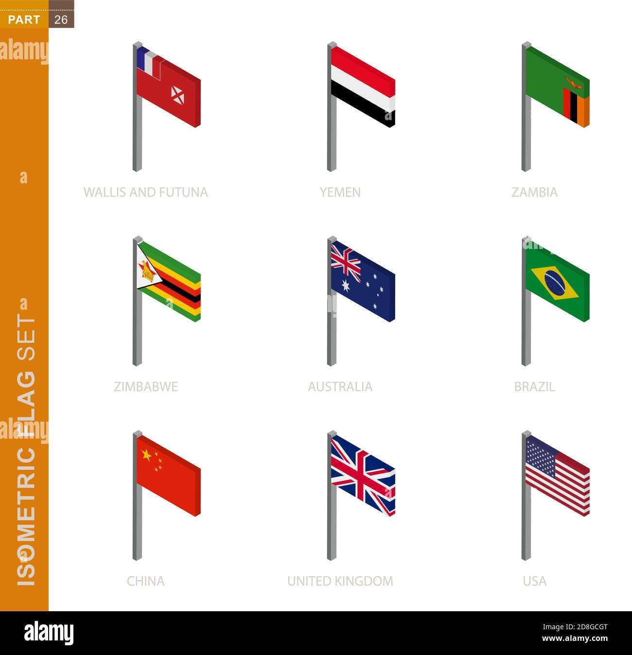Isometric flag set, Flagpole in Isometric dimension. Collection of nine ...