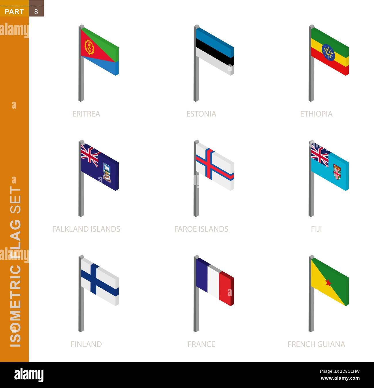 Isometric flag set, Flagpole in Isometric dimension. Collection of nine ...