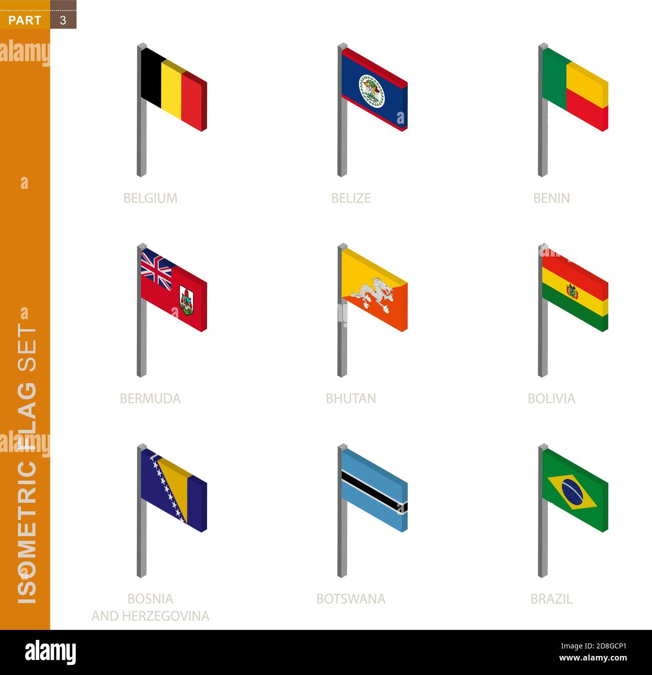 Isometric flag set, Flagpole in Isometric dimension. Collection of nine ...