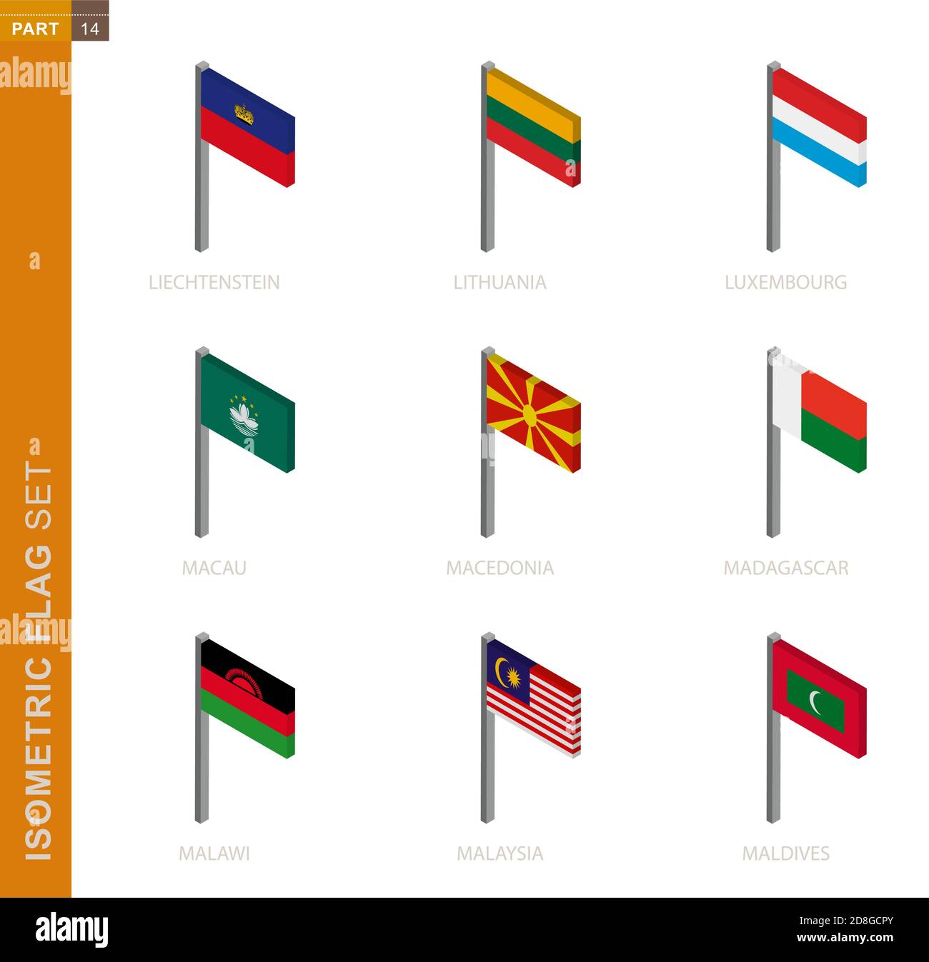 Isometric flag set, Flagpole in Isometric dimension. Collection of nine ...