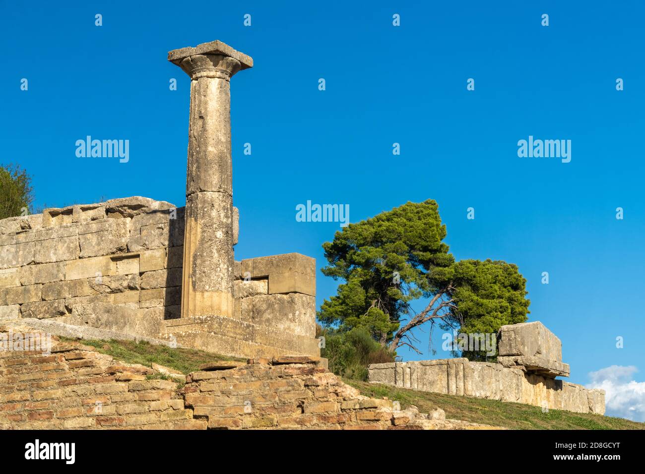 Ruins of the Temple of Hera in the archeological site of Olympia ...
