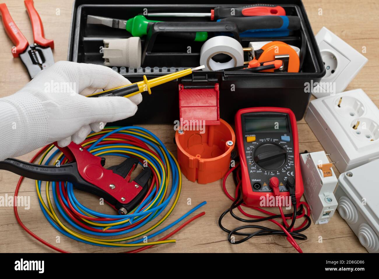 Tools for electrician needs: shocket multimeter, voltage testers, wire ...