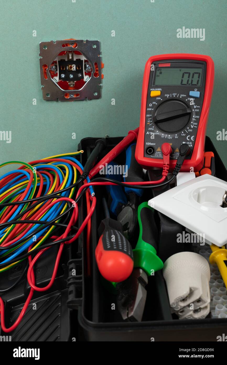 Tools for electrician needs: shocket multimeter, voltage testers, wire ...