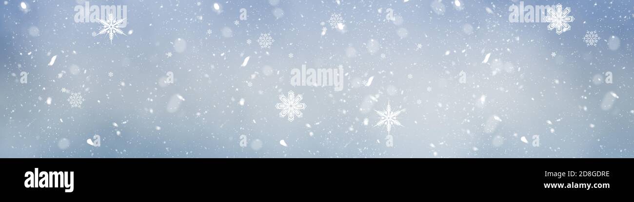 Panoramic illustration of winter background with falling snowflakes ...