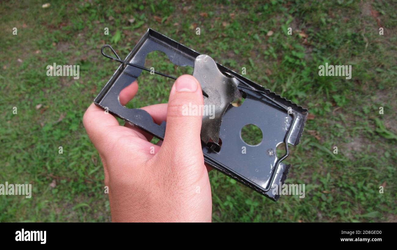 Close up male hand holding a black metal mouse trap Stock Photo - Alamy