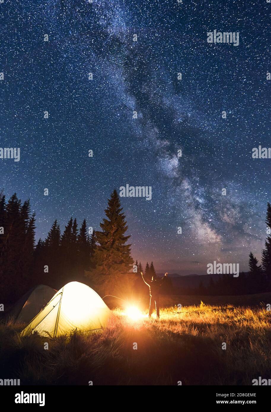 Night summer camping in forest. Back view male tourist raising hands ...