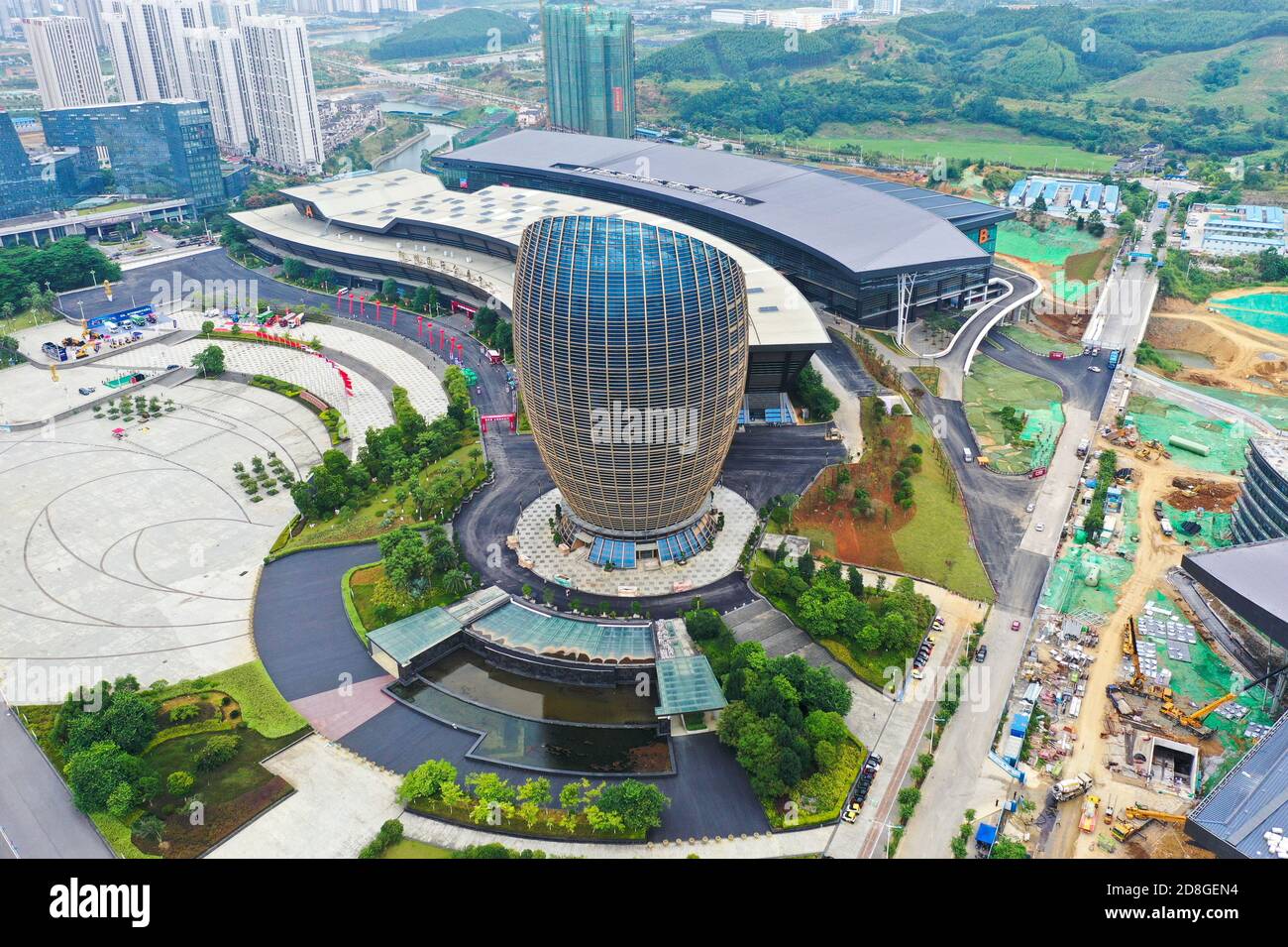 Aerial view of the strange egg-shaped office building in Liuzhou city ...
