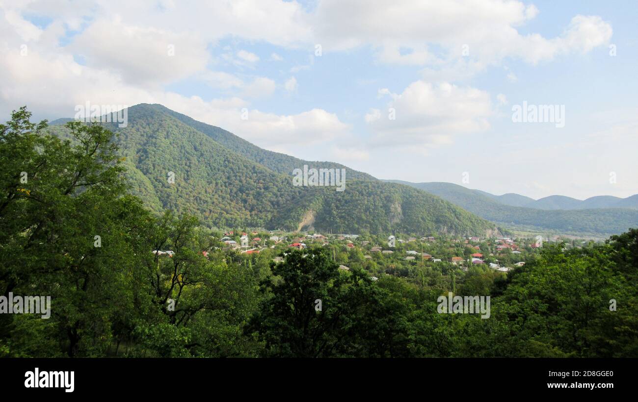Gakh city top view from the Caucasus mountain located in the territory ...