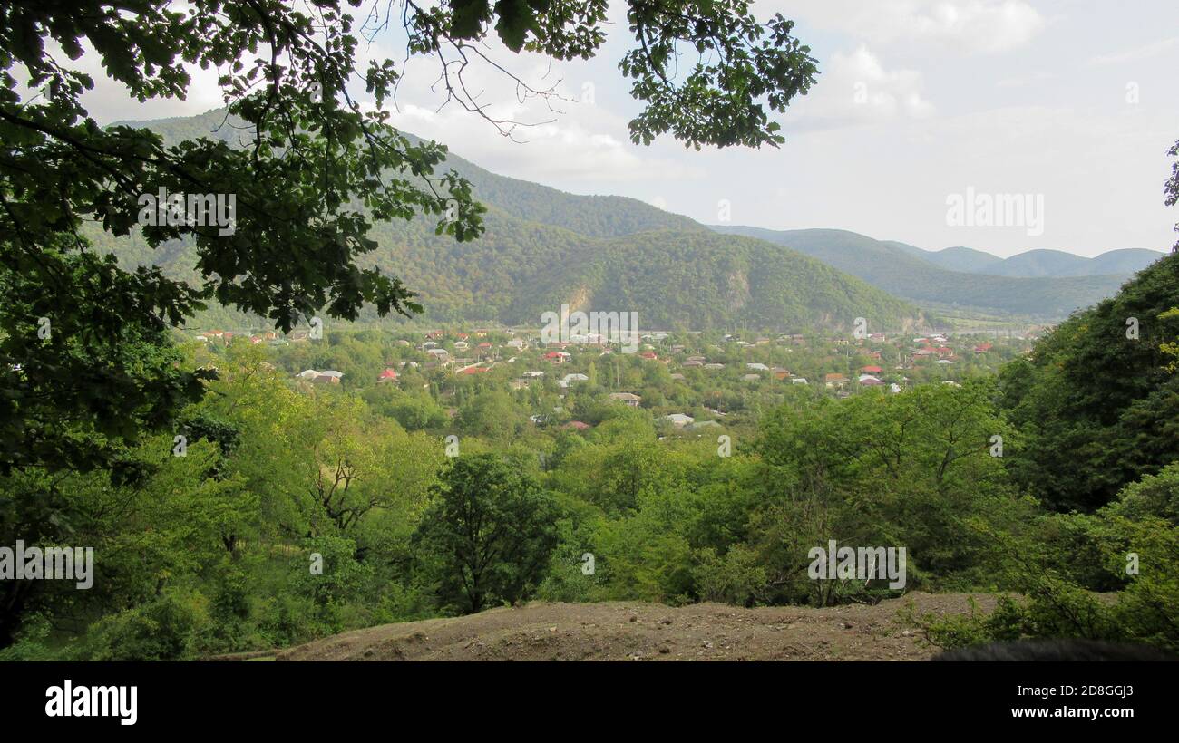 Gakh city top view from the Caucasus mountain located in the territory ...
