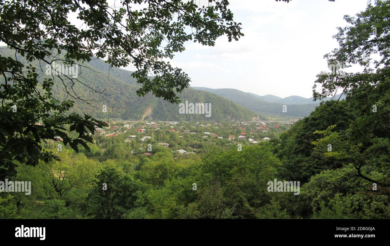 Gakh city top view from the Caucasus mountain located in the territory ...
